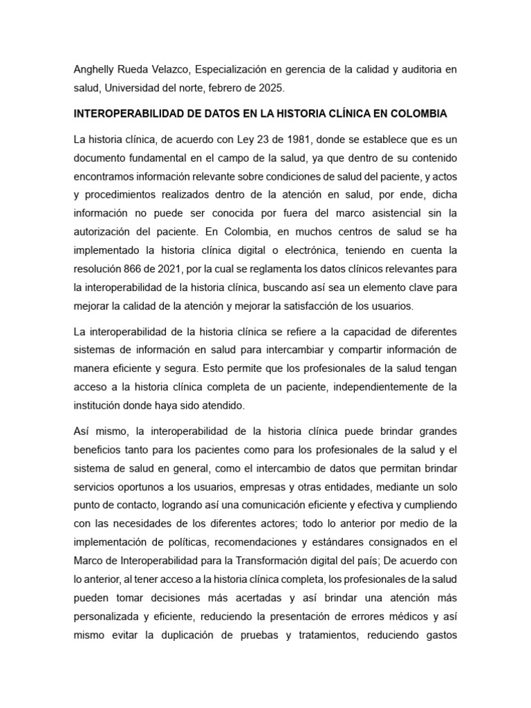INTEROPERABILIDAD DE DATOS EN LA HISTORIA CLÍNICA EN COLOMBIA Act 2 | PDF | Historial médico ...