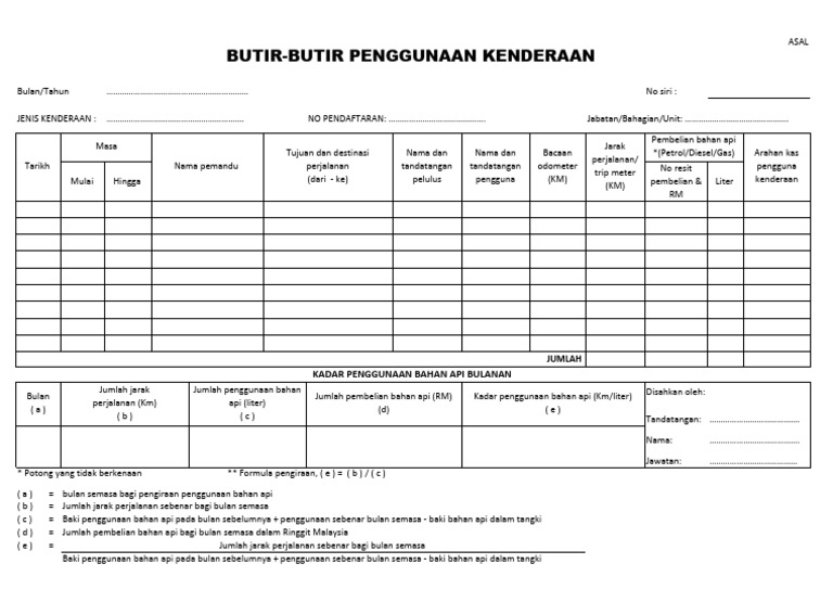 Butir-Butir Penggunaan Kenderaan | PDF