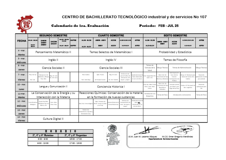 Calendario Evaluación CBTIS 107 | PDF