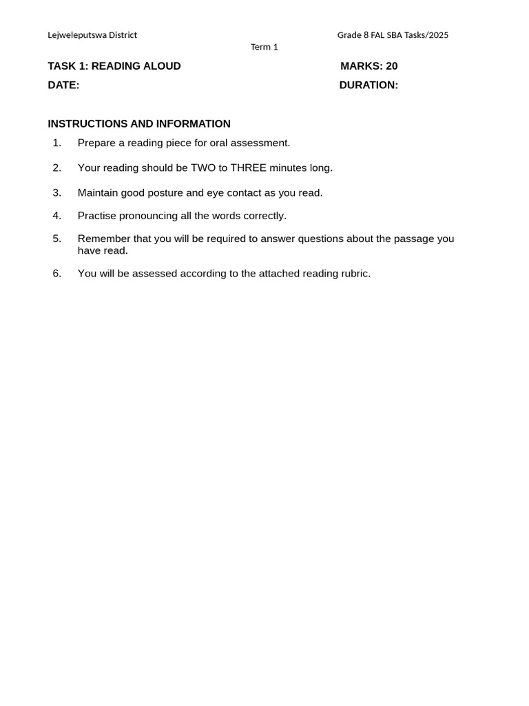 Grade 8 FAL SBA Tasks for 2025 | PDF | Paragraph | Vocabulary