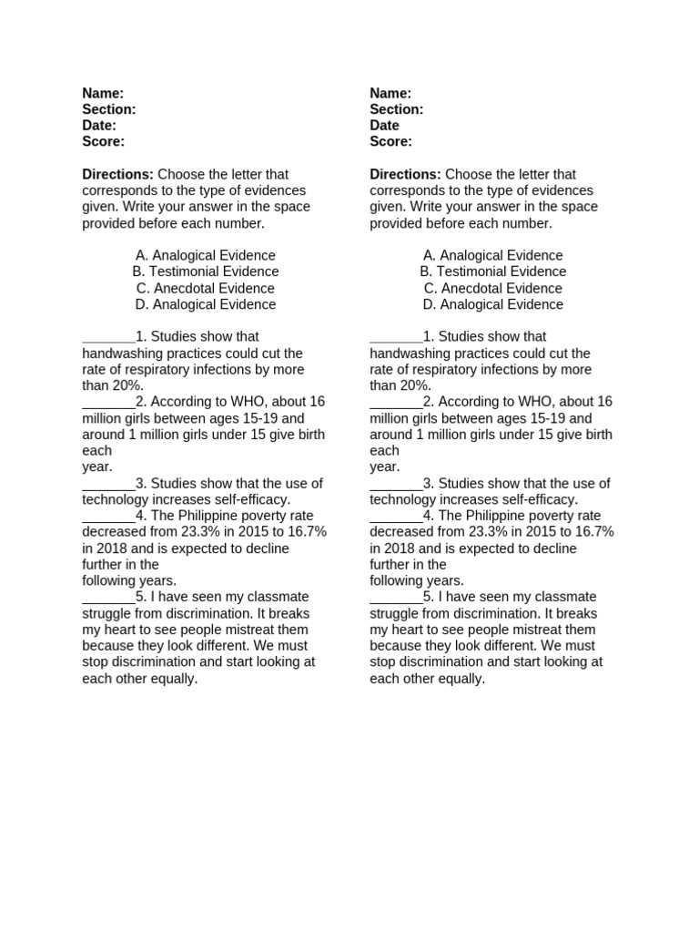 Four Types of Evidences Quiz | PDF