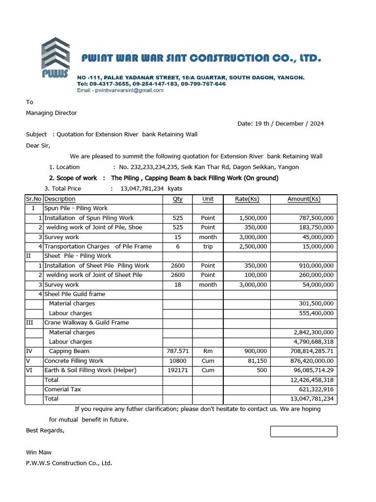 Quotation for River Bank Retaining Wall | PDF | Deep Foundation ...