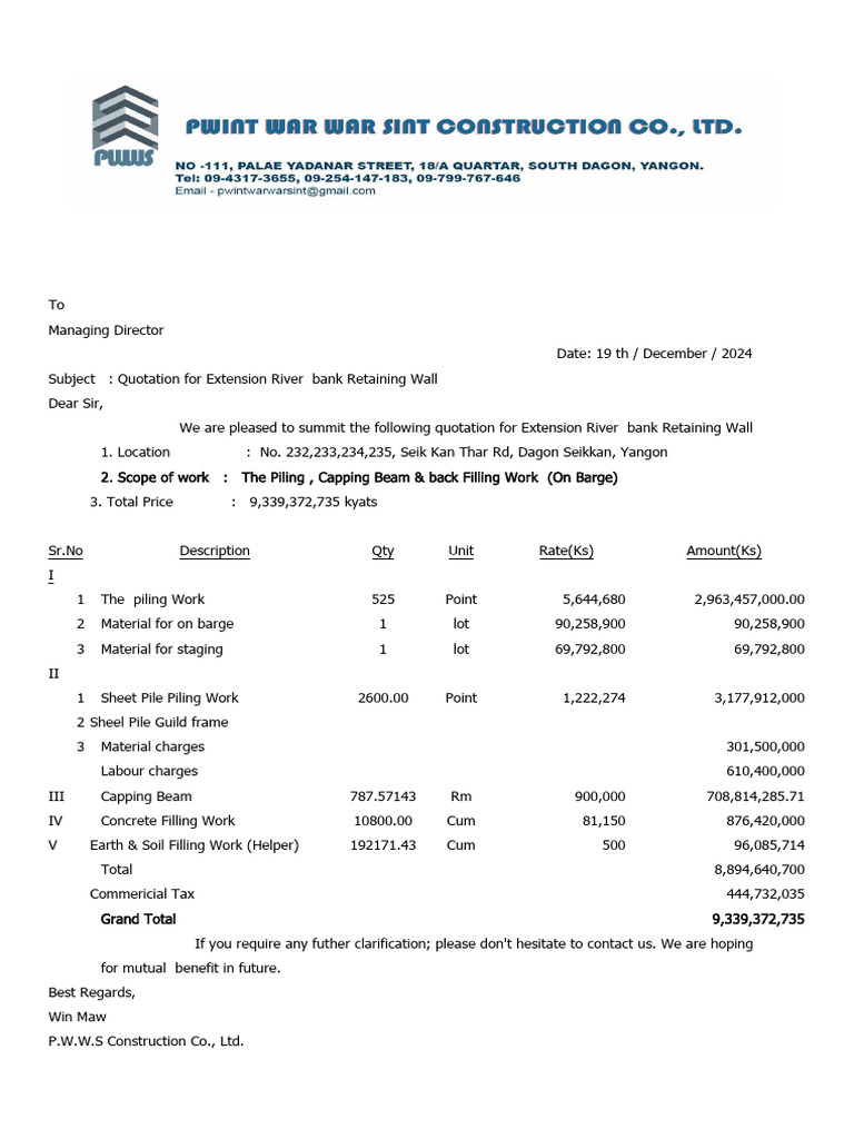Quotation for Riverbank Retaining Wall | PDF | Deep Foundation | Structural Engineering