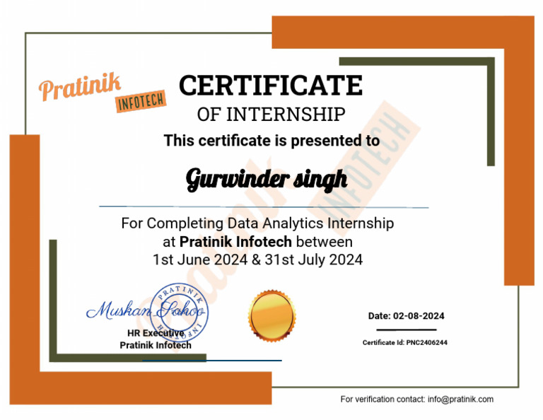 Pratinik Infotech Internship Certificate | PDF
