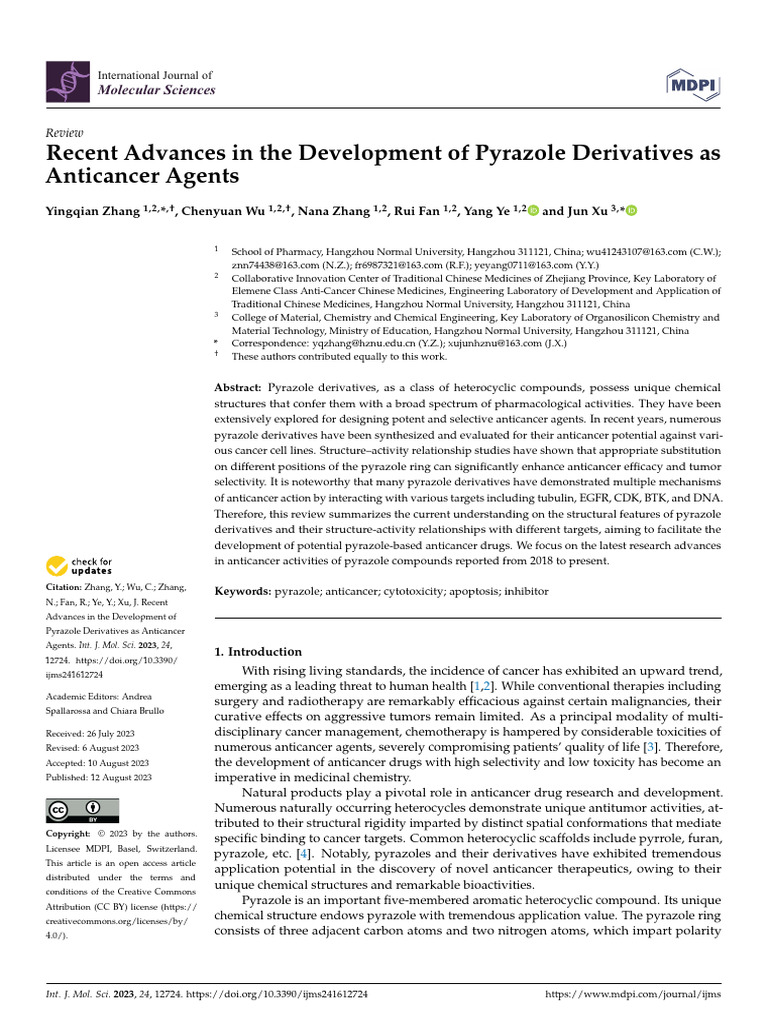 Recent Advances in the Development of Pyrazole Derivatives as | PDF | Chemotherapy | Pharmacology