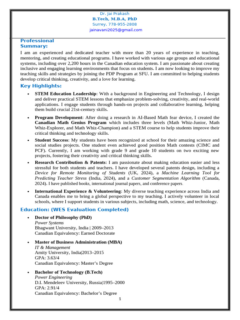 SFU Resume | PDF | Teachers | Academic Degree