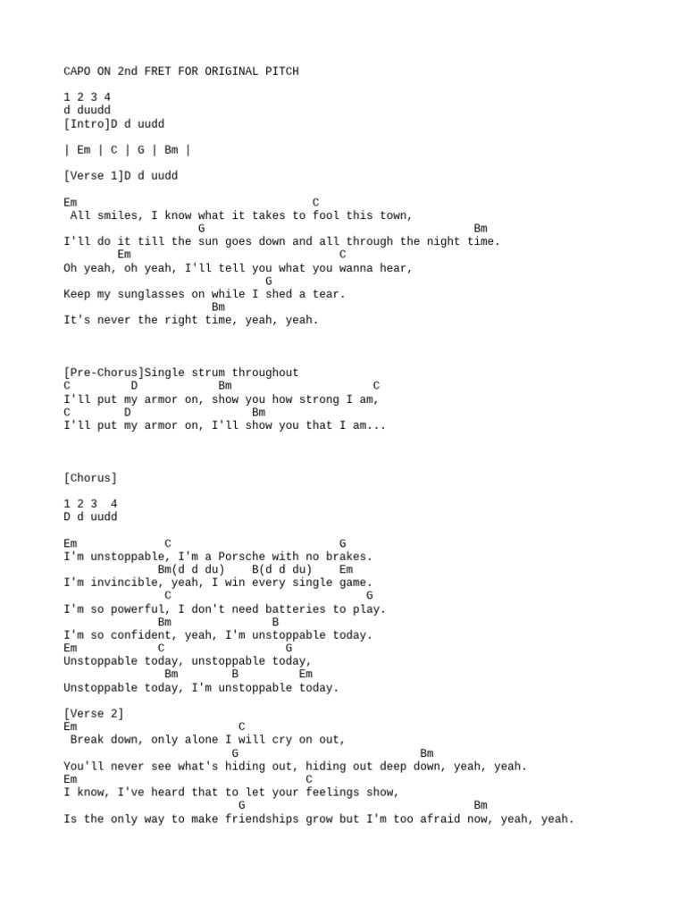 Unstoppable Song Lyrics with Capo Guide | PDF | Song Structure | Songs