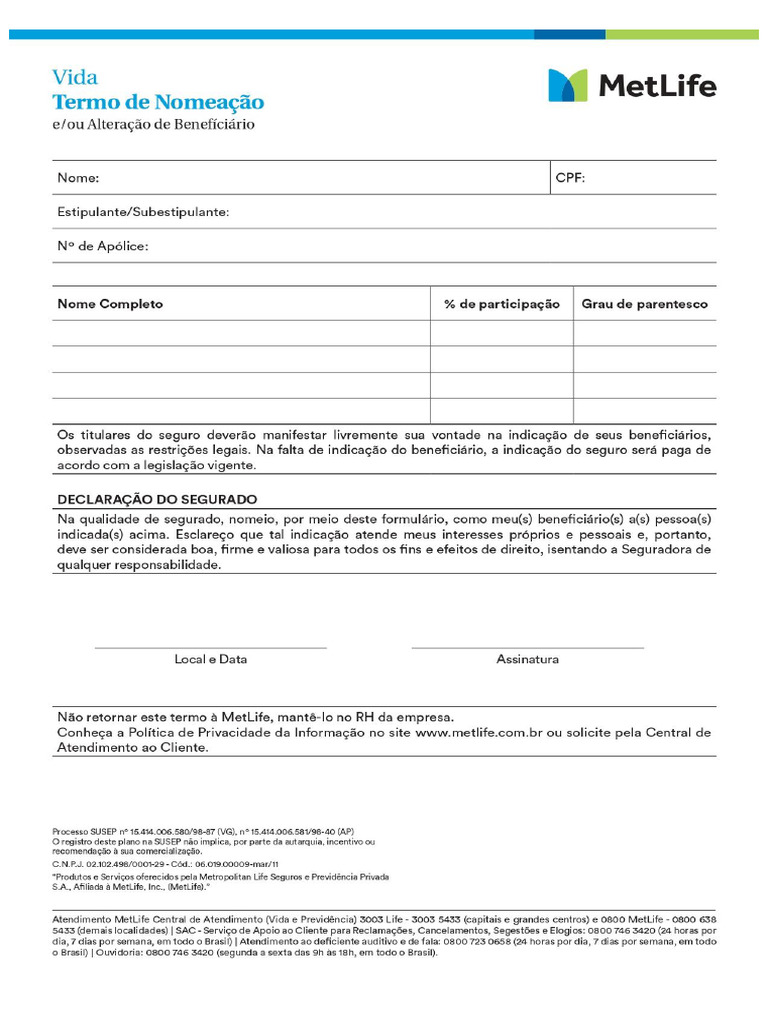 Formulário Seguro de Vida | PDF