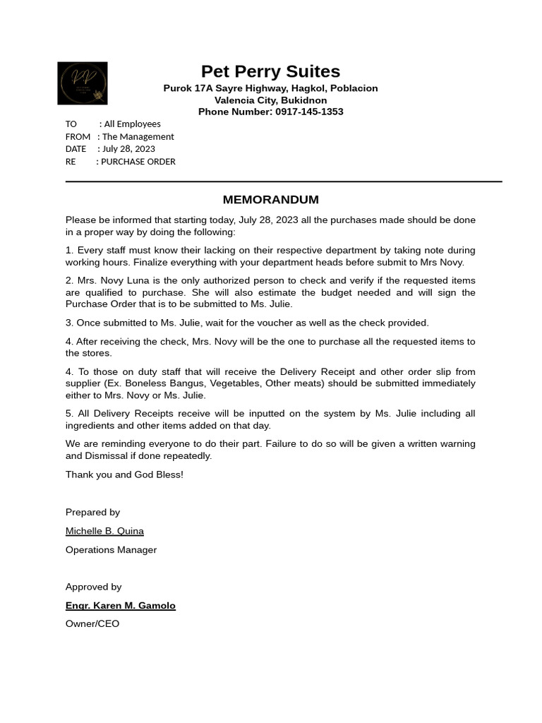Memo PURCHASES | PDF