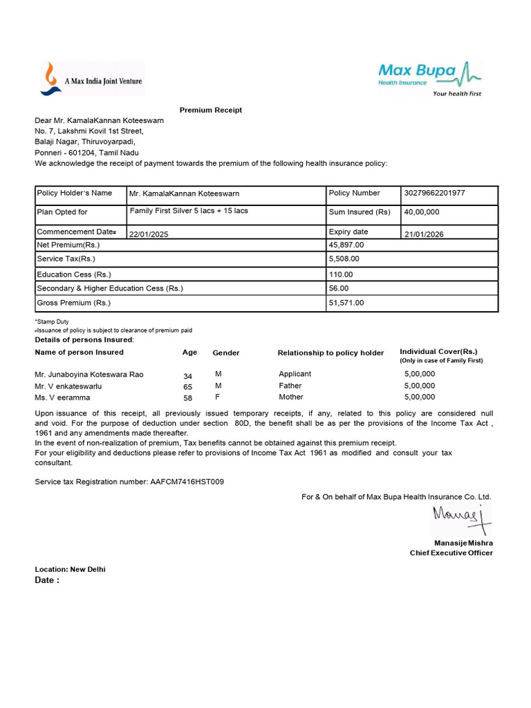 Health Insurance Premium Receipt | PDF | Taxes | Insurance