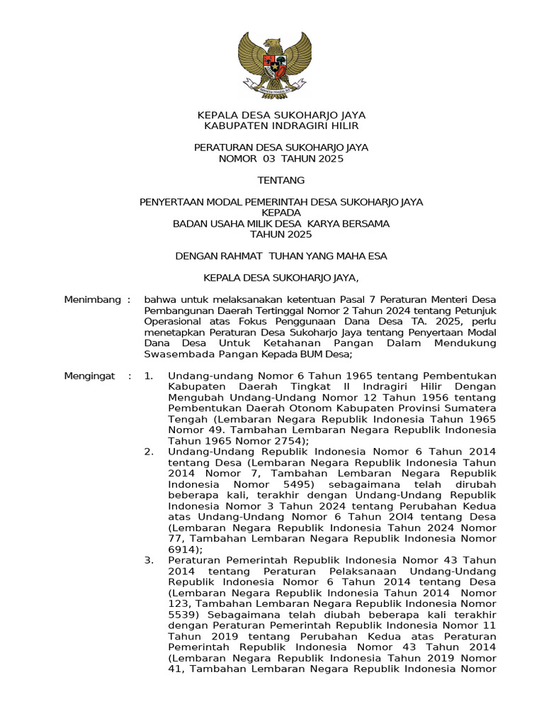 Penyertaan Modal Desa Sukoharjo | PDF