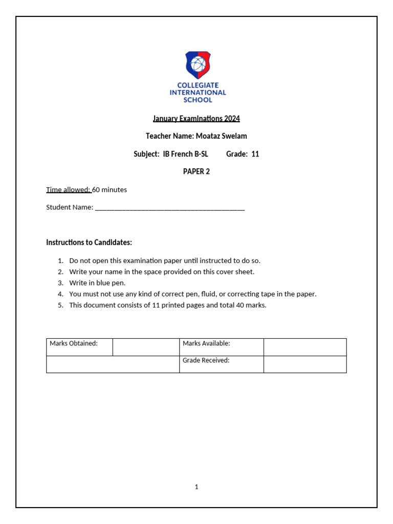 IB French B-SL Paper 2 Exam 2024 | PDF