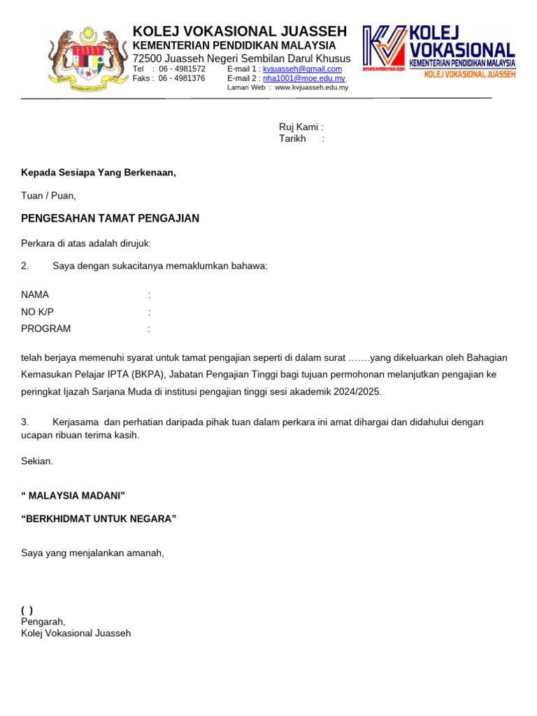 Surat Pengesahan Tamat Pengajian 2024 | PDF