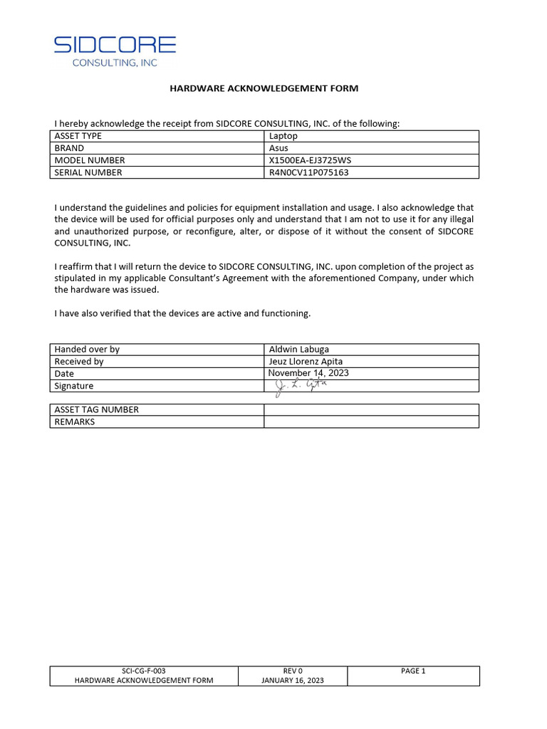 Apita Hardware Acknowledgement Form | PDF
