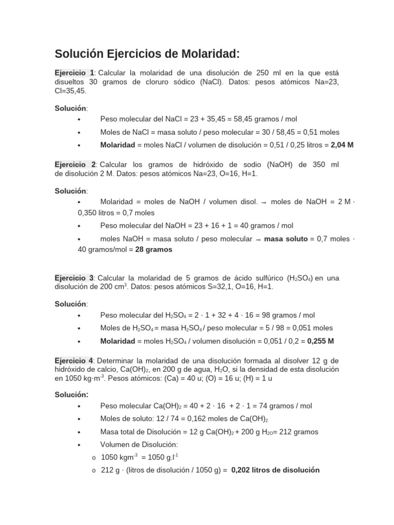 Ejercicios Resueltos de Molaridad | PDF