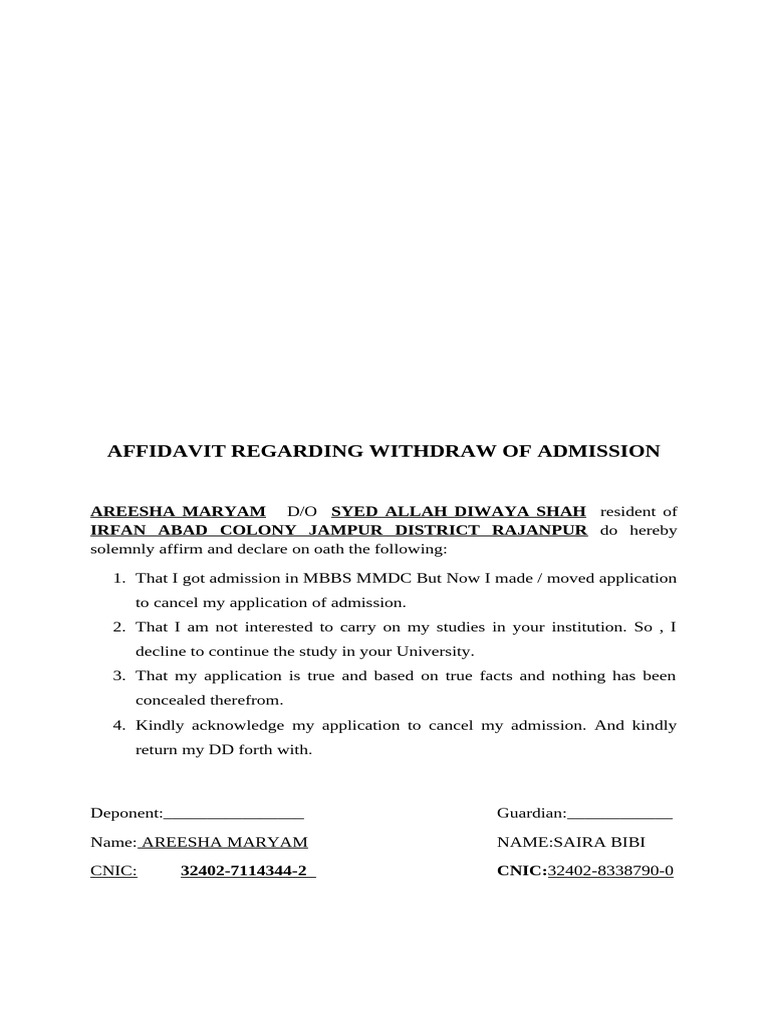 Affidavit Regarding Withdraw of Admission | PDF