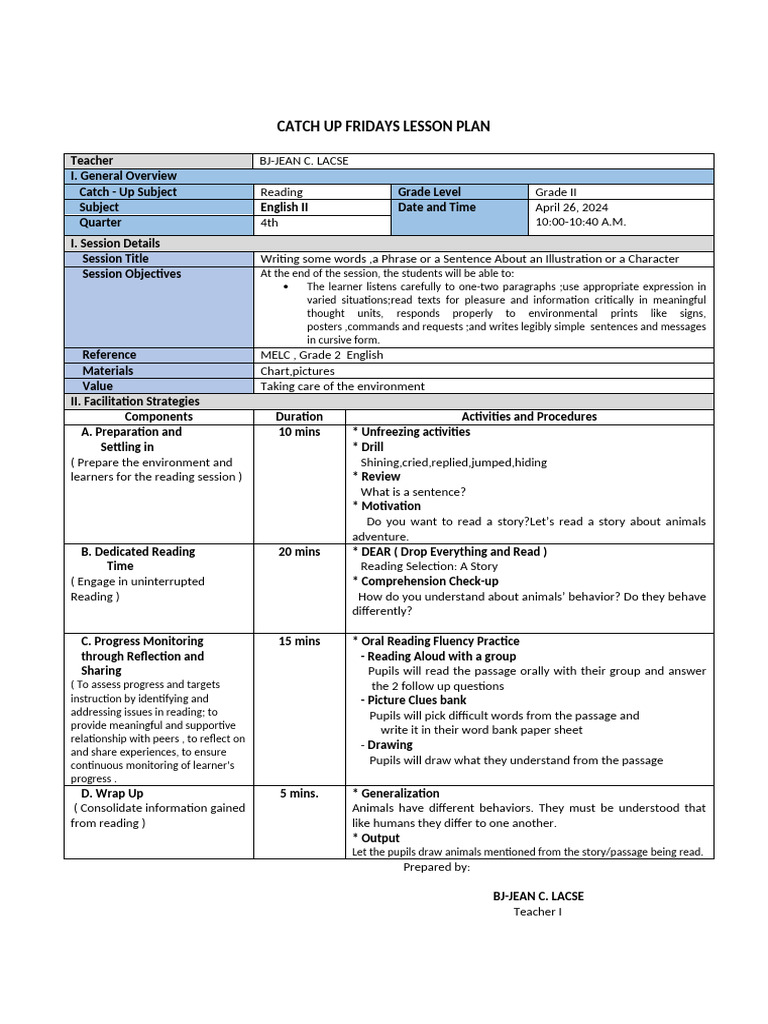 Grade II Catch-Up Reading Lesson Plan | PDF | Communication | Pedagogy