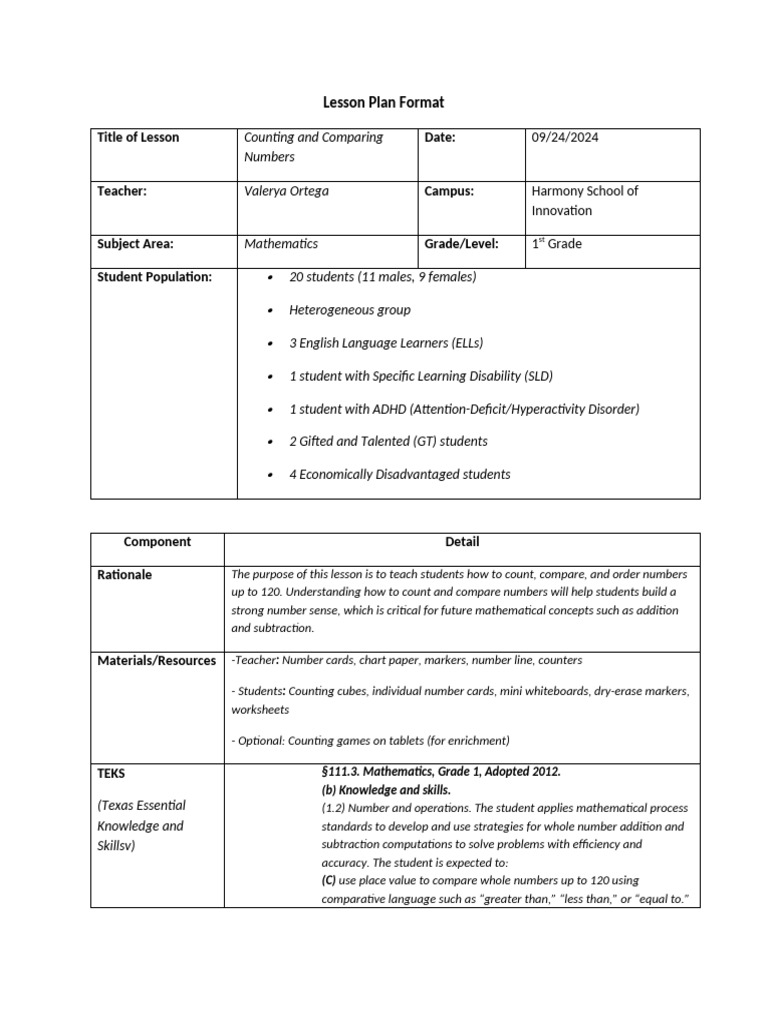 1st Grade Math Lesson: Comparing Numbers | PDF | Educational Assessment ...