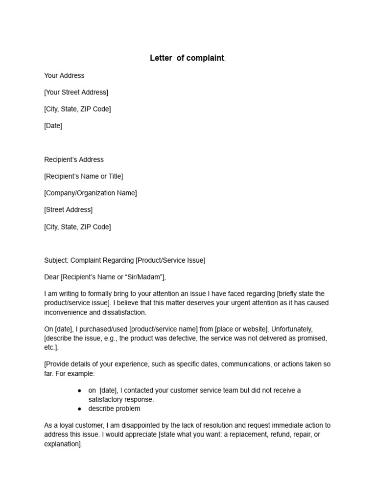 Letter of Complaint | PDF