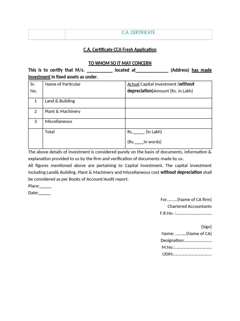 C.A. Capital Investment Certificate | PDF