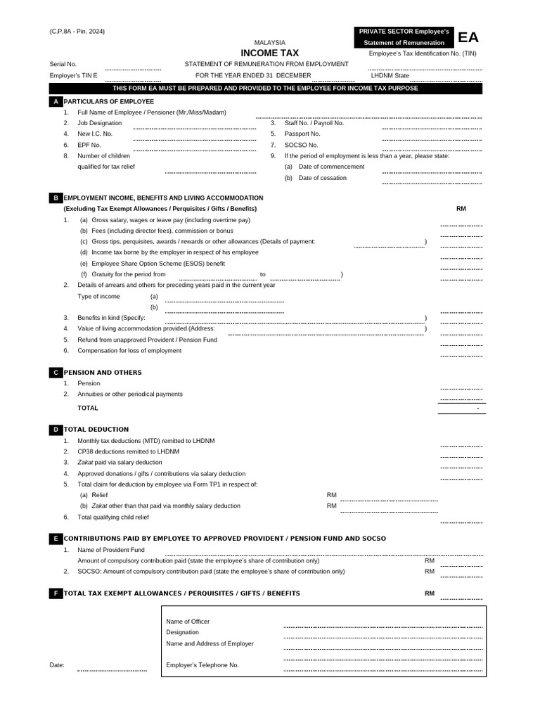 EA Form 2024 for Malaysian Employees | PDF | Employee Benefits | Employment
