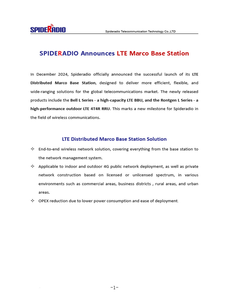 Spideradio LTE Distributed Macro Base Station V7 | PDF | Lte (Telecommunication) | Computing