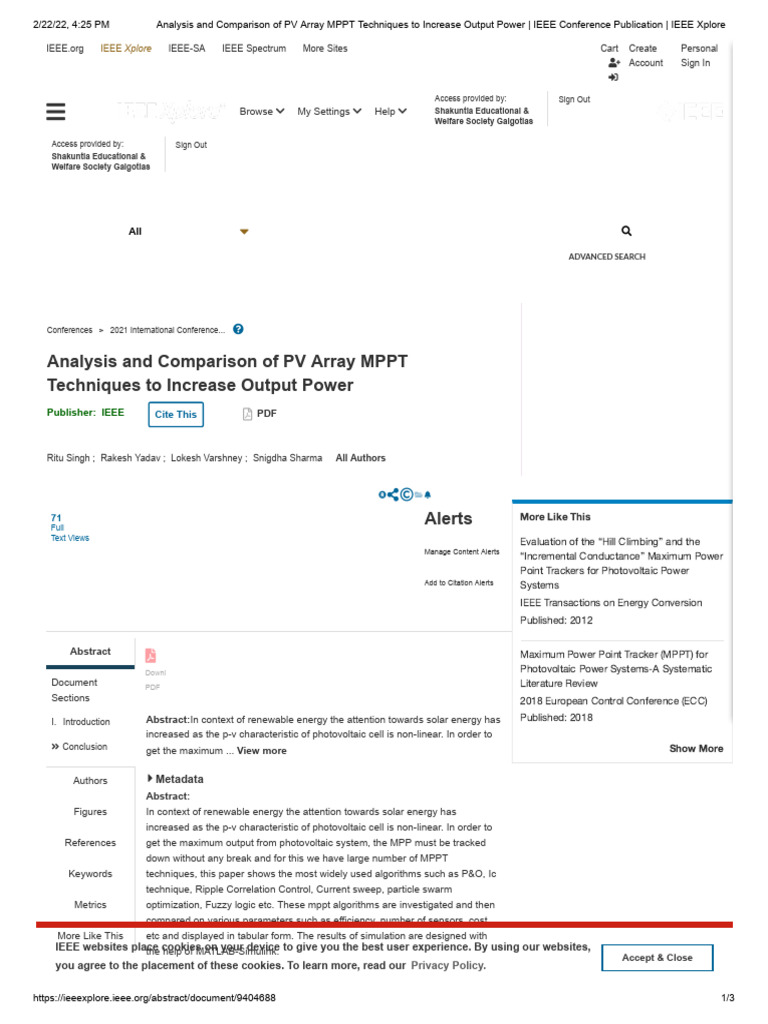 Analysis and Comparison of PV Array MPPT Techniques To Increase Output Power - IEEE Conference ...