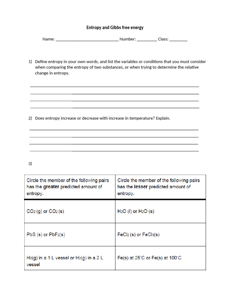 Entropy and Gibbs Free Energy Worksheet | PDF | Gibbs Free Energy | Entropy