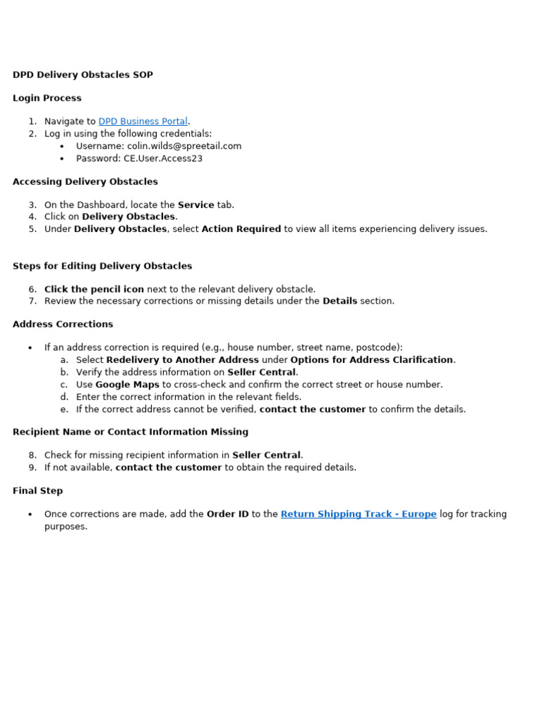 DPD Delivery Obstacles SOP | PDF
