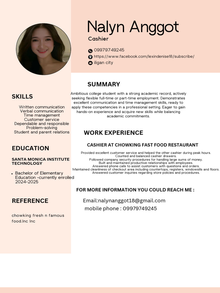 Chowking Cashier Resume: Nalyn Anggot | PDF
