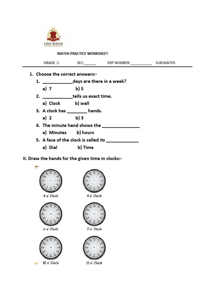Grade 1 Maths: Time and Clocks Worksheet | PDF