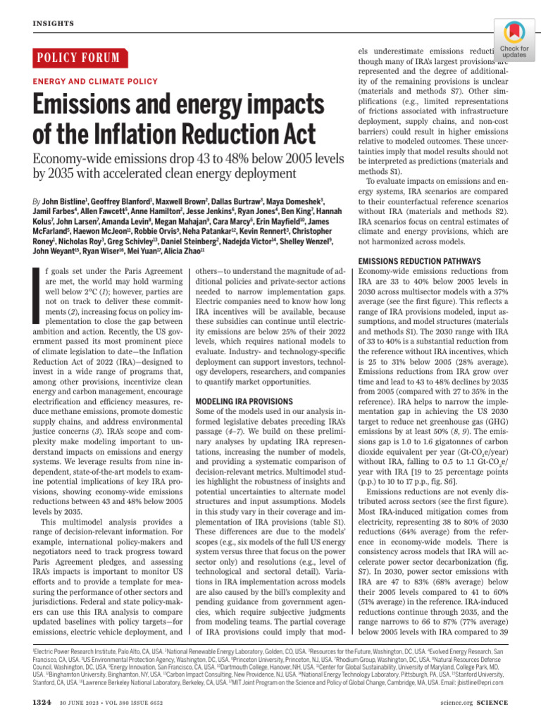 Bistline Et Al - Emissions and Energy Impactsof The Inflation Reduction ...