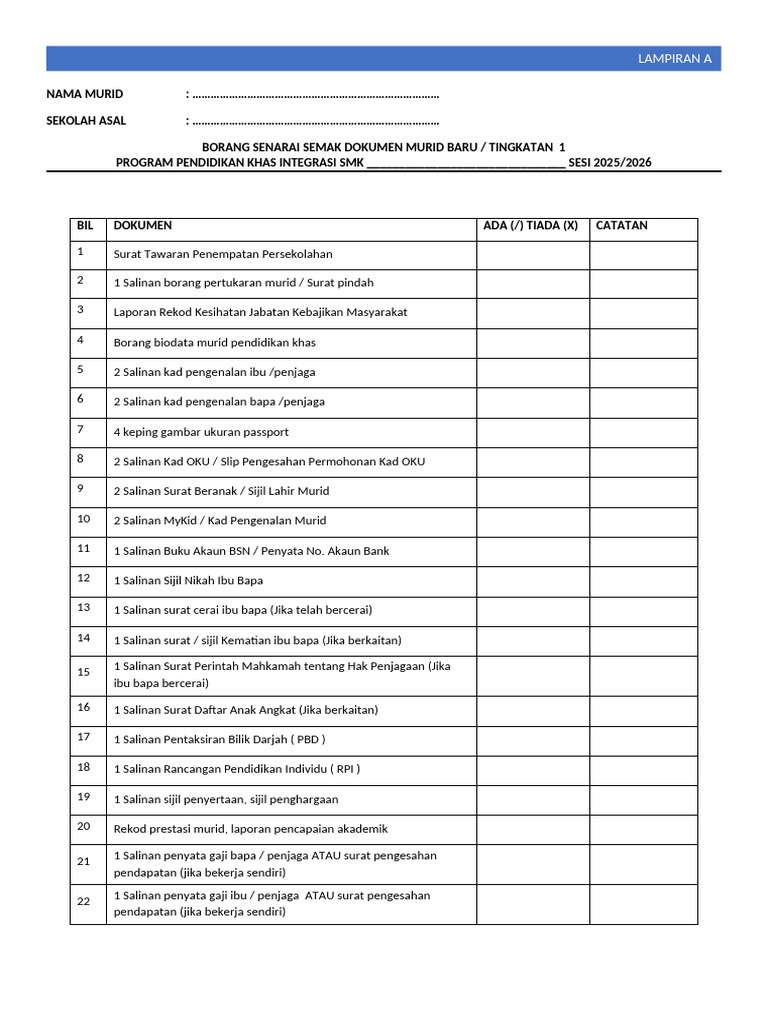 Lampiran A Senarai Semak Dokumen Pendaftaran Ting 1 | PDF