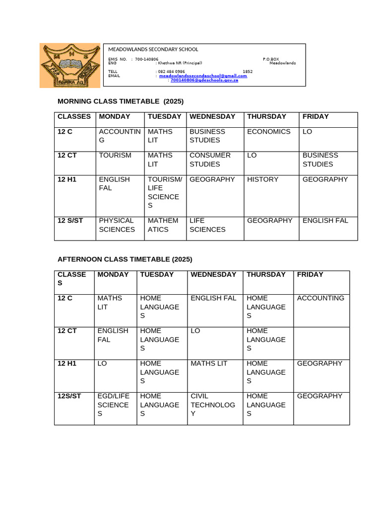 Updated Timetable Morning 2025 | PDF