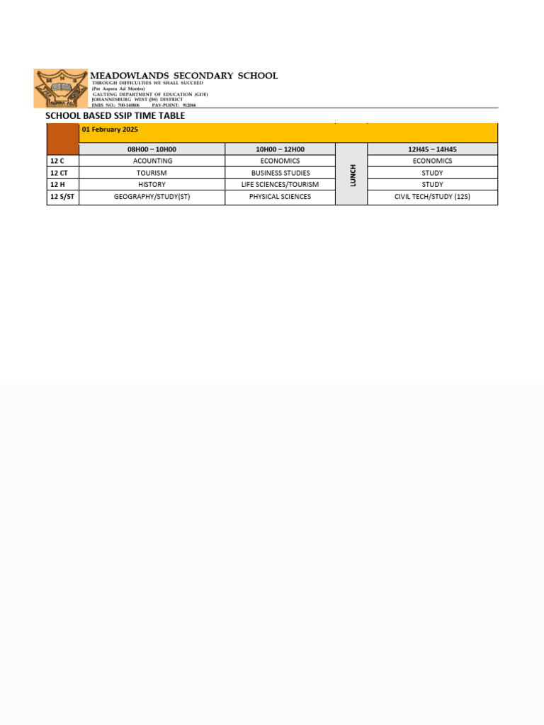 Meadowlands Secondary School Timetable | PDF