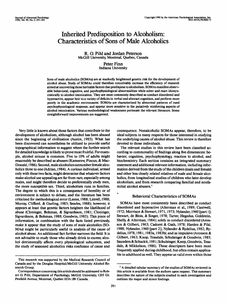 Inherited Predisposition To Alcoholism: Characteristics of Sons of Male ...