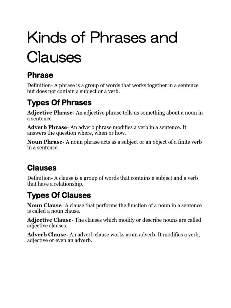 Kinds of Phrases and Clauses | PDF