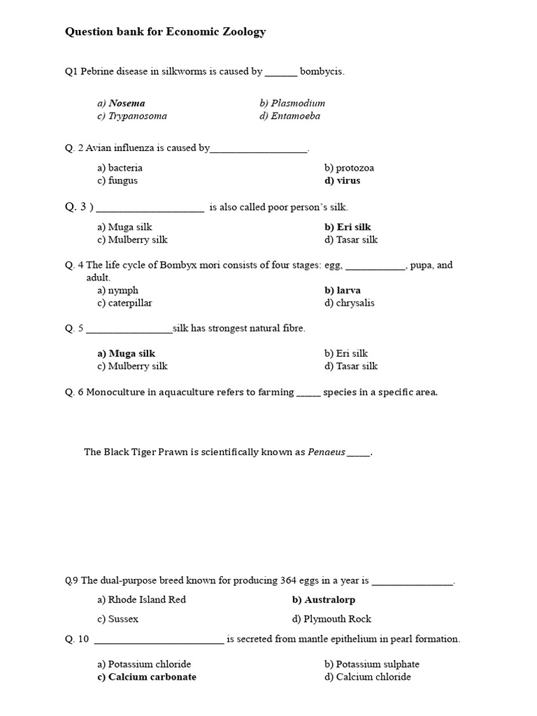 Economic Zoology Question Bank | PDF