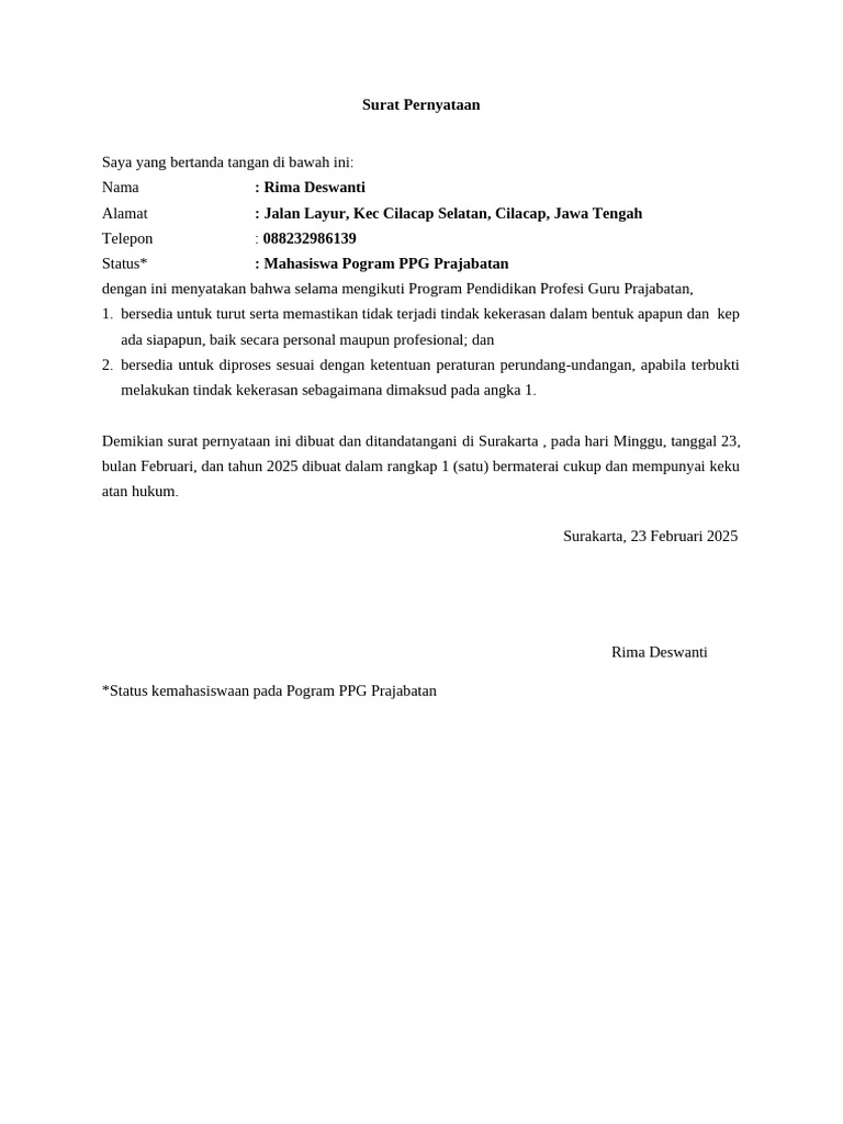 Surat Pernyataan PPKS Untuk PPG - Pambudi - Edited | PDF