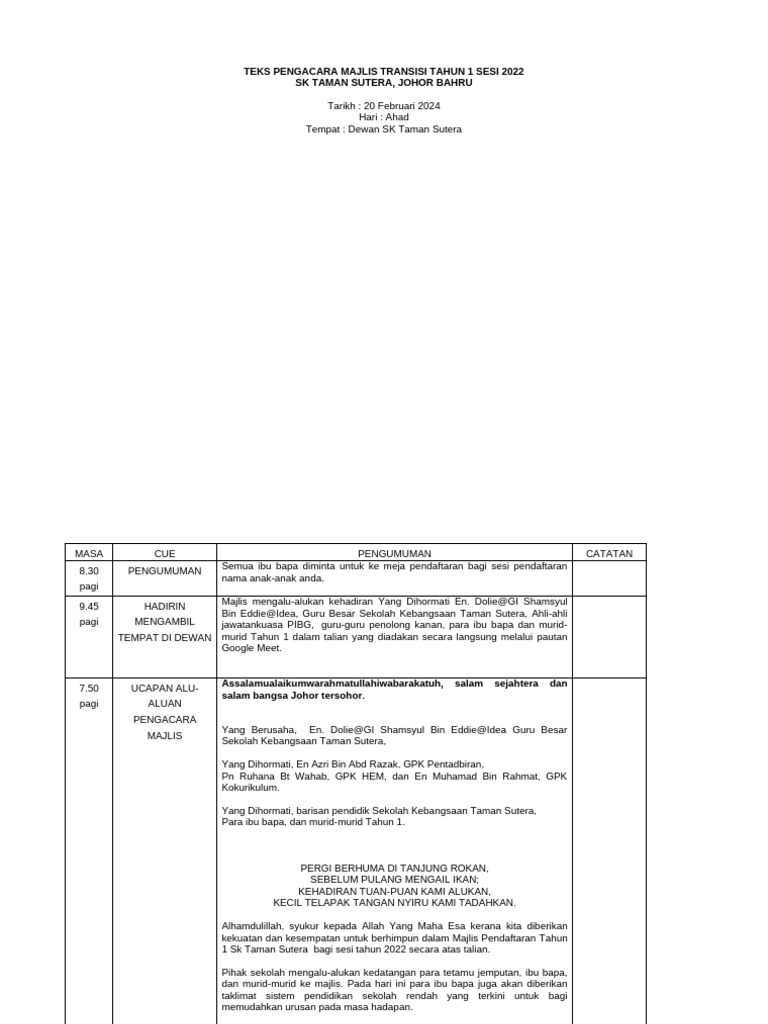 Teks Pengacara Majlis Pendaftaran Tahun 1 | PDF