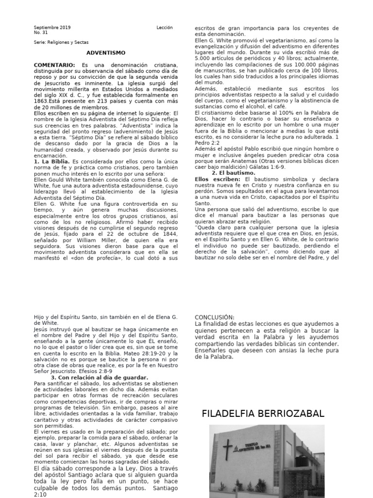 Lección No. 31 Adventismo | PDF | Iglesia Adventista del Séptimo Día ...