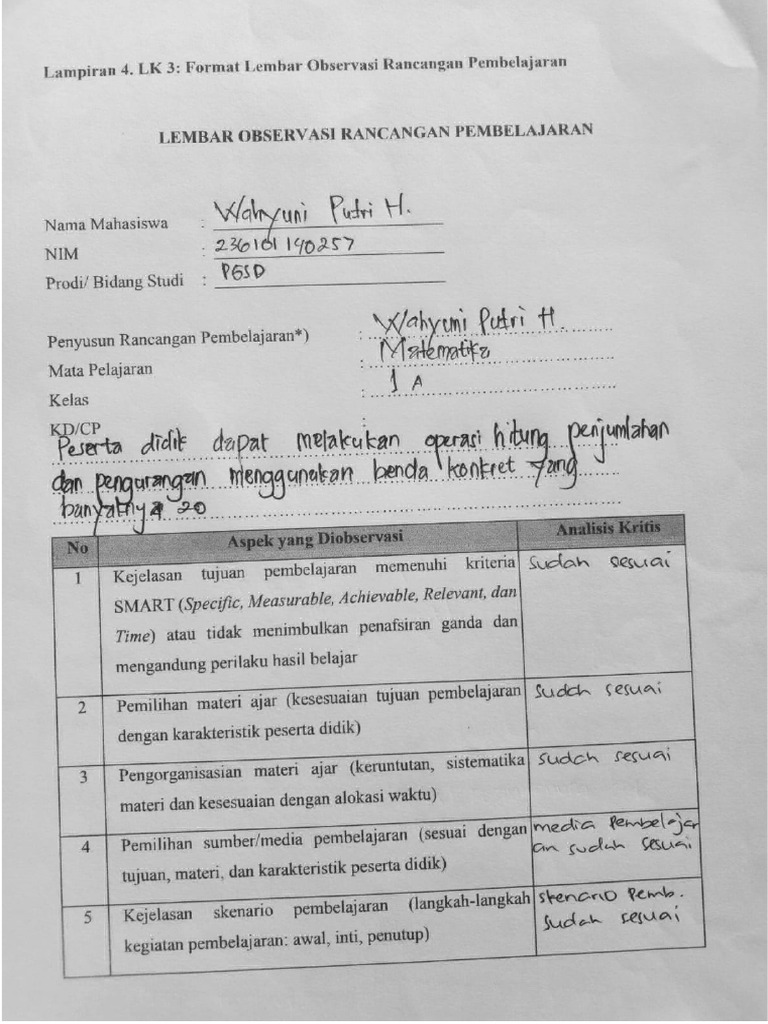 LK 3 - Lembar Observasi RPP - Mandiri 2 | PDF