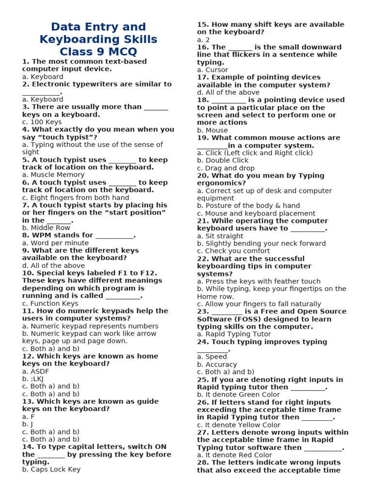 Class 9 Keyboarding Skills MCQ | PDF | Computer Keyboard | Writing Implements