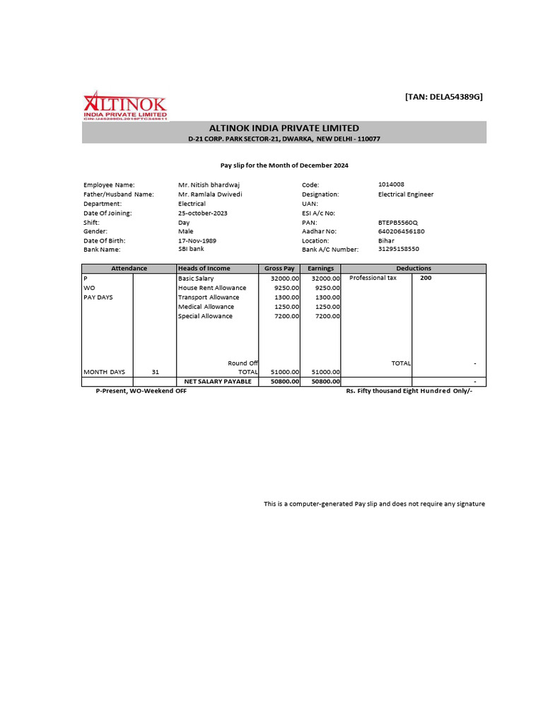 Mr.Nitish bhardwaj December payslip | PDF