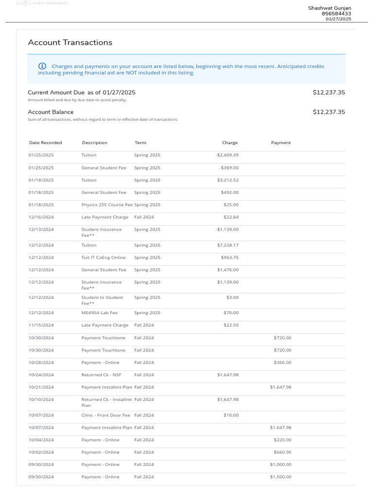Student Account Summary 2025 | PDF | Fee | Payments