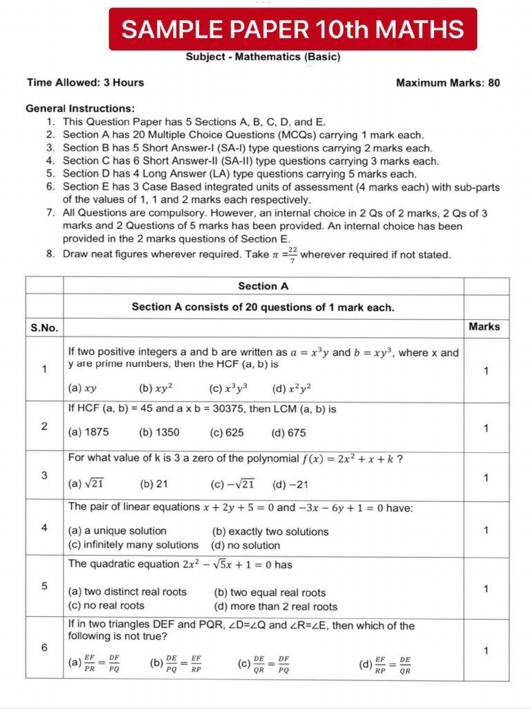Sample Paper 10th | PDF