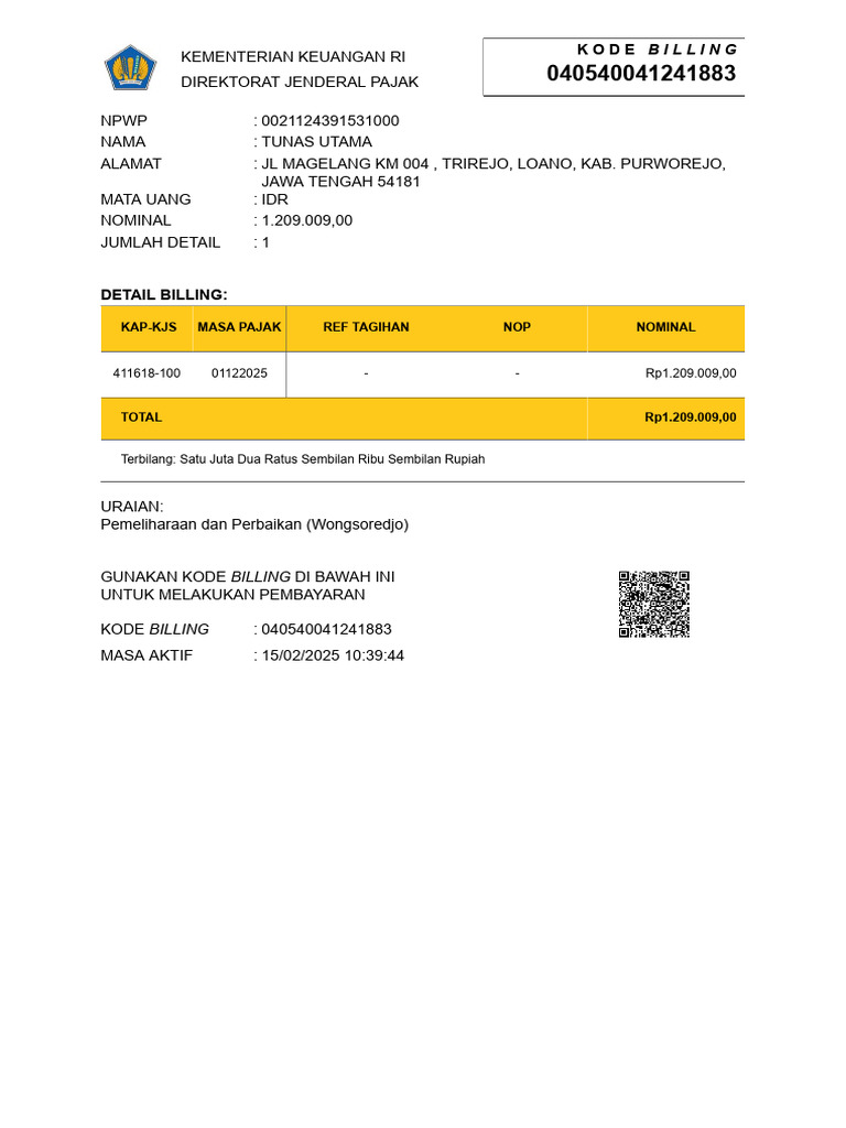 Kode Billing PPN Yayasan WONGSOREDJO 2 | PDF