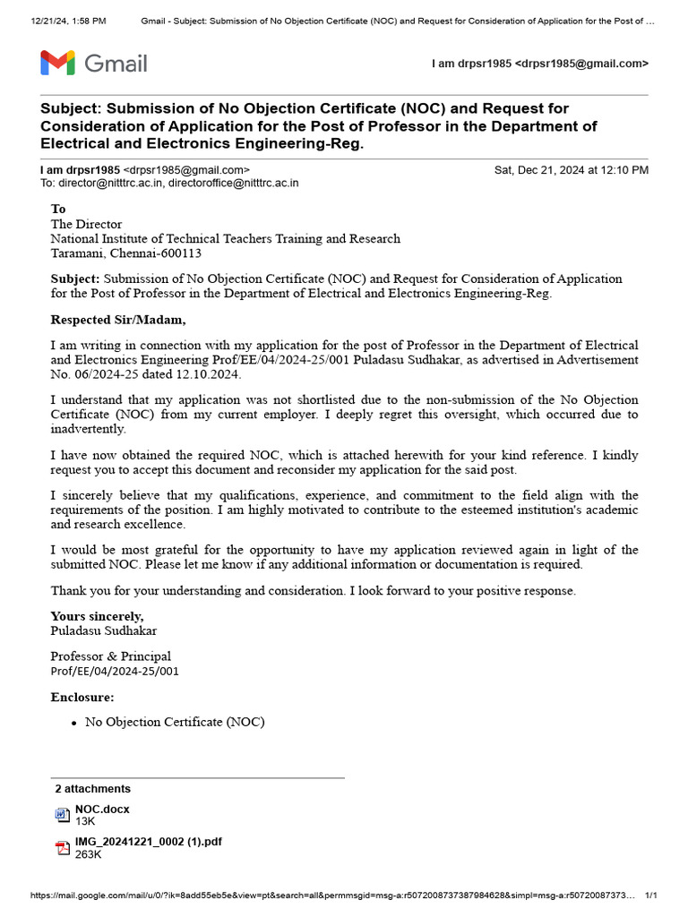 NOC Submission for Professor Application | PDF