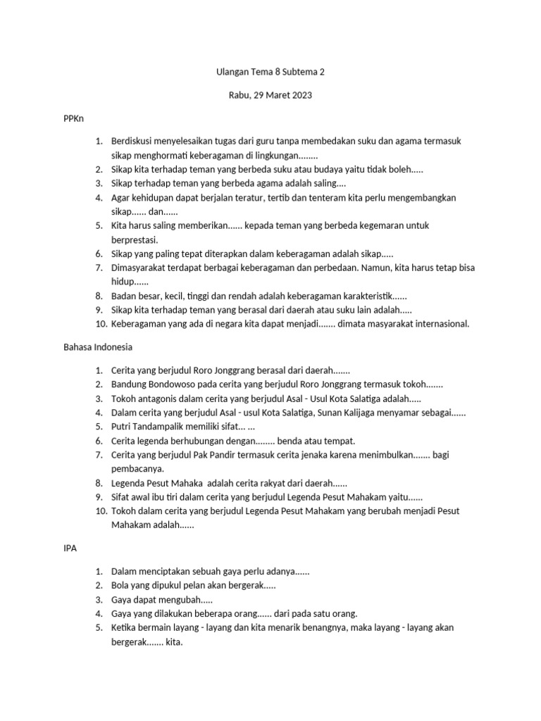 Ulangan Tema 8 - Sub 2 WPS Office | PDF