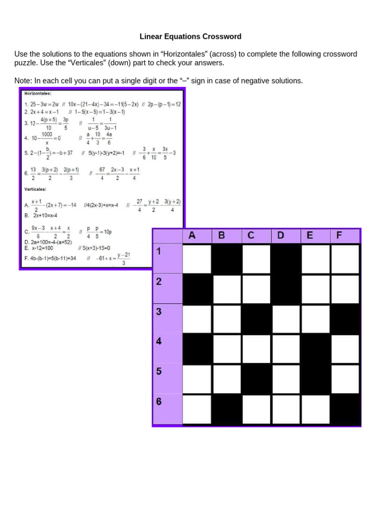 E1 Crossword Puzzle of Linear Equations | PDF